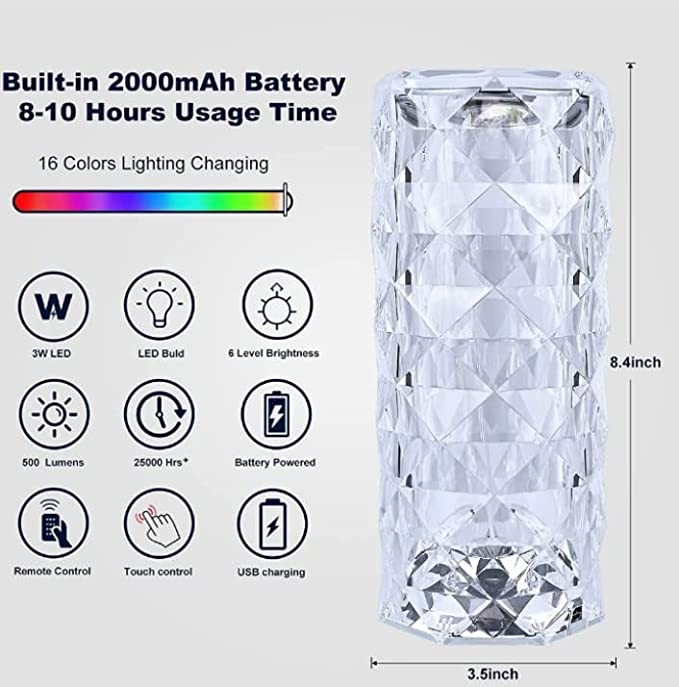 Rose Diamond Table Lamp USB Rechargeable Touch Bedside Lamp Night Ligh ...